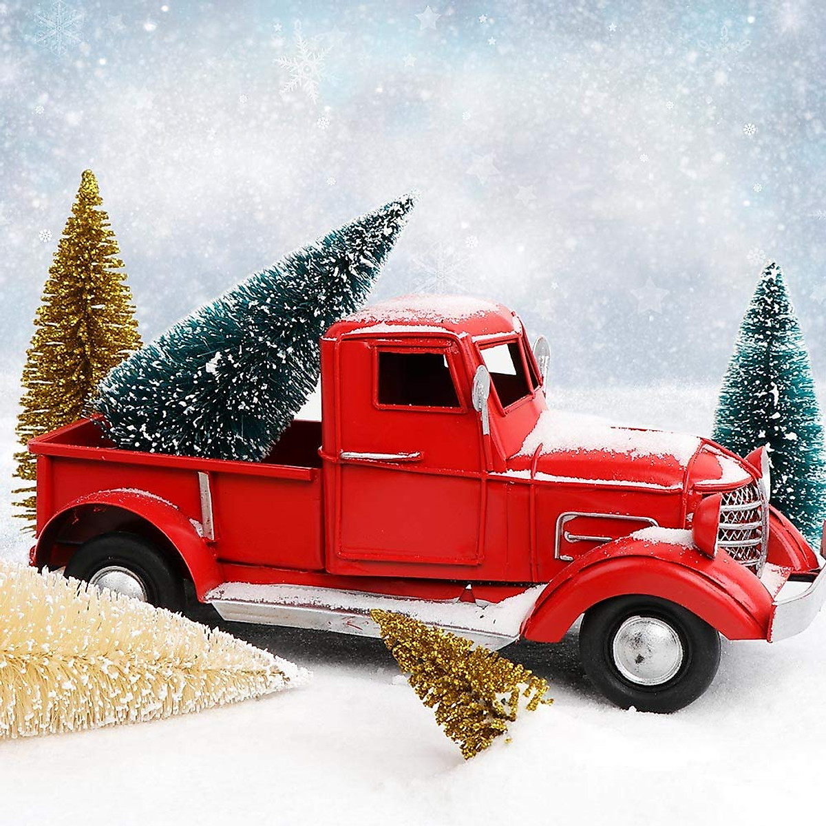 AerWo 24Pcs Mini Christmas Trees Bottle Brush Trees with Wood Base, Christmas Village Trees for Tabletop Christmas Decor Holiday Winter Decorations