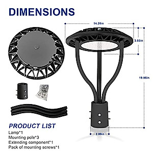 LED Post Top Light with Photocell Dusk to Dawn, 20W-30W-40W-60W Power Tunable,3CCT 3000K-4000K-5000K LED Circular Street Area Pole Light, for Courtyard Garden Street Lighting IP65 DLC&ETL Listed