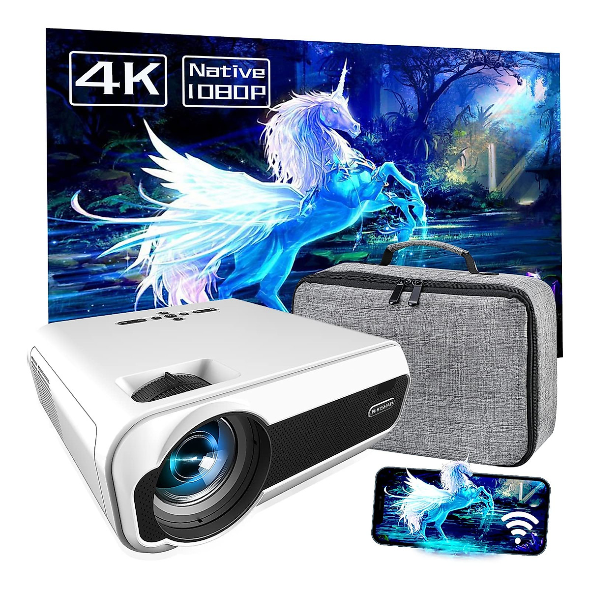 NIKISHAP Projector with WiFi and Bluetooth, Small Projector 4K Outdoor Movie Projector Short Throw, Smart Phone 1080P Projector Compatible with HDMI, VGA, USB, TV Stick, iOS, Android, PC, Laptop