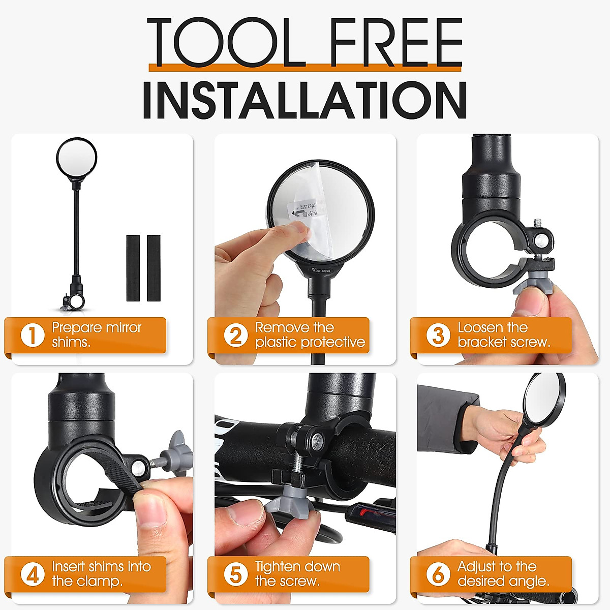 West Biking Bike Mirror Handlebar Mount, Adjustable Rotatable Bicycle Rear View Mirror, Wide Angle Acrylic Convex Safety Mirror for Mountain Road Bike (Black- 2 PCS Converx Mirror)