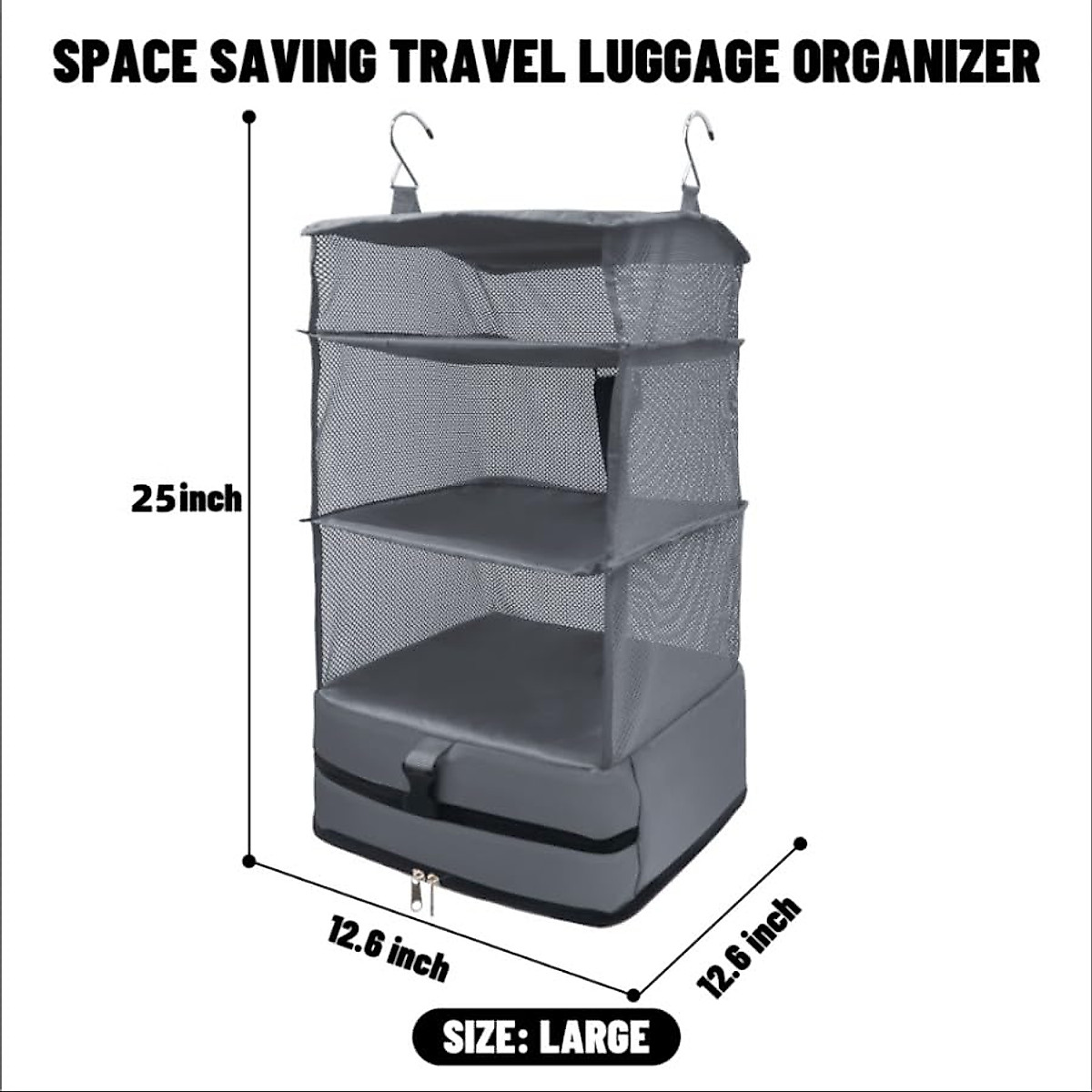 Caroeas Portable Hanging Travel Shelves Bag Suitcase Organizer Carry-on Closet Packing Cubes for Travel, 4-Shelf Suitcase Closet with 2 Hooks, Large Capacity, Gray