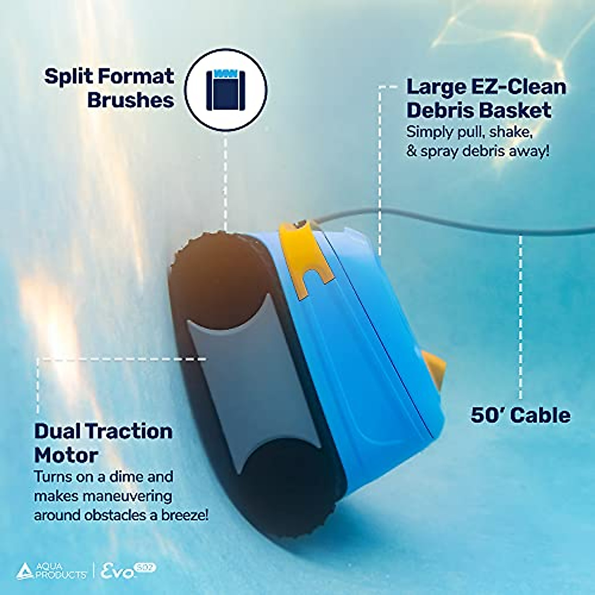 Aqua Products Evo502 Robotic Pool Cleaner, Automatic Vacuum for Inground Pools up to 40ft, 50ft Cable Length, Wall Climbing Vac w/ Strong Suction & Easy to Clean Top Loading Filter