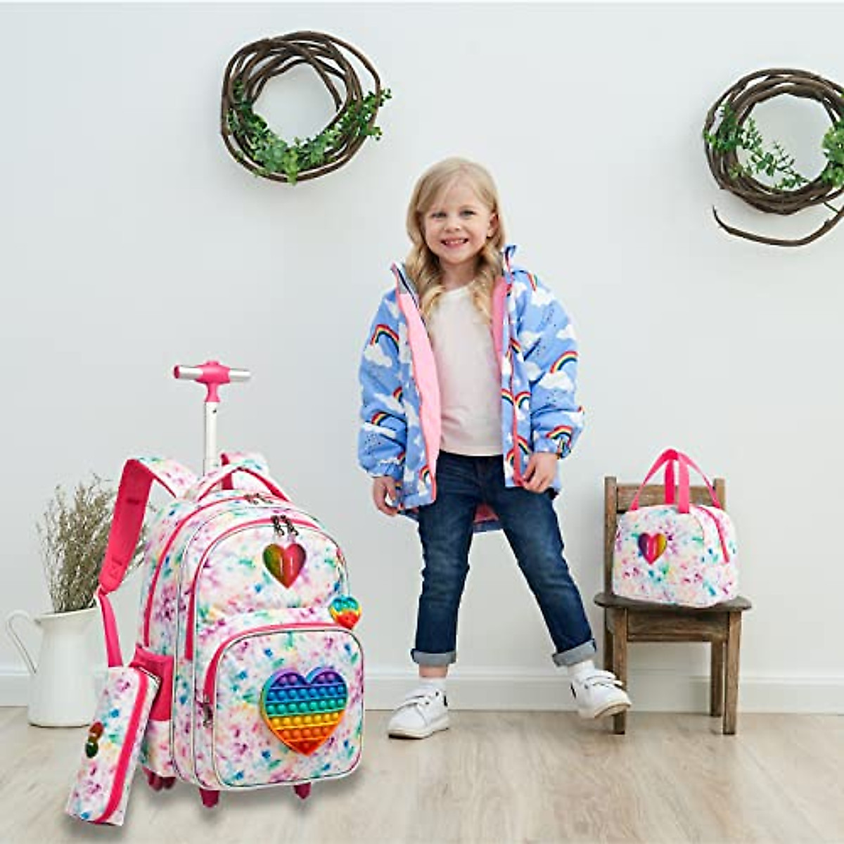 Egchescebo School Bags Kids Rolling Love Backpack for Girls Luggage Suitcase With Wheels Trolley Wheeled Backpacks for Girls Travel Bags 17' 3PCS Toy With Lunch Box Red