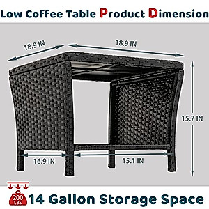 Sundale Outdoor Patio 19" Wicker Coffee Table, Small 2-Tier Rattan Square Short Storage Side Table, All-Weather End Accent Table for Outside Deck Yard Terrace Pool Garden, Black