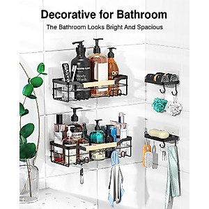 TJ.MOREE Shower Caddy 4 Pack, Adhesive Black Bathroom Shelves with 2 Soap Holders, Farmhouse Bathroom Decor, No Drilling Rustproof Shower Rack Organizer for Bathroom & Kitchen, RV, Apartment, Dorm