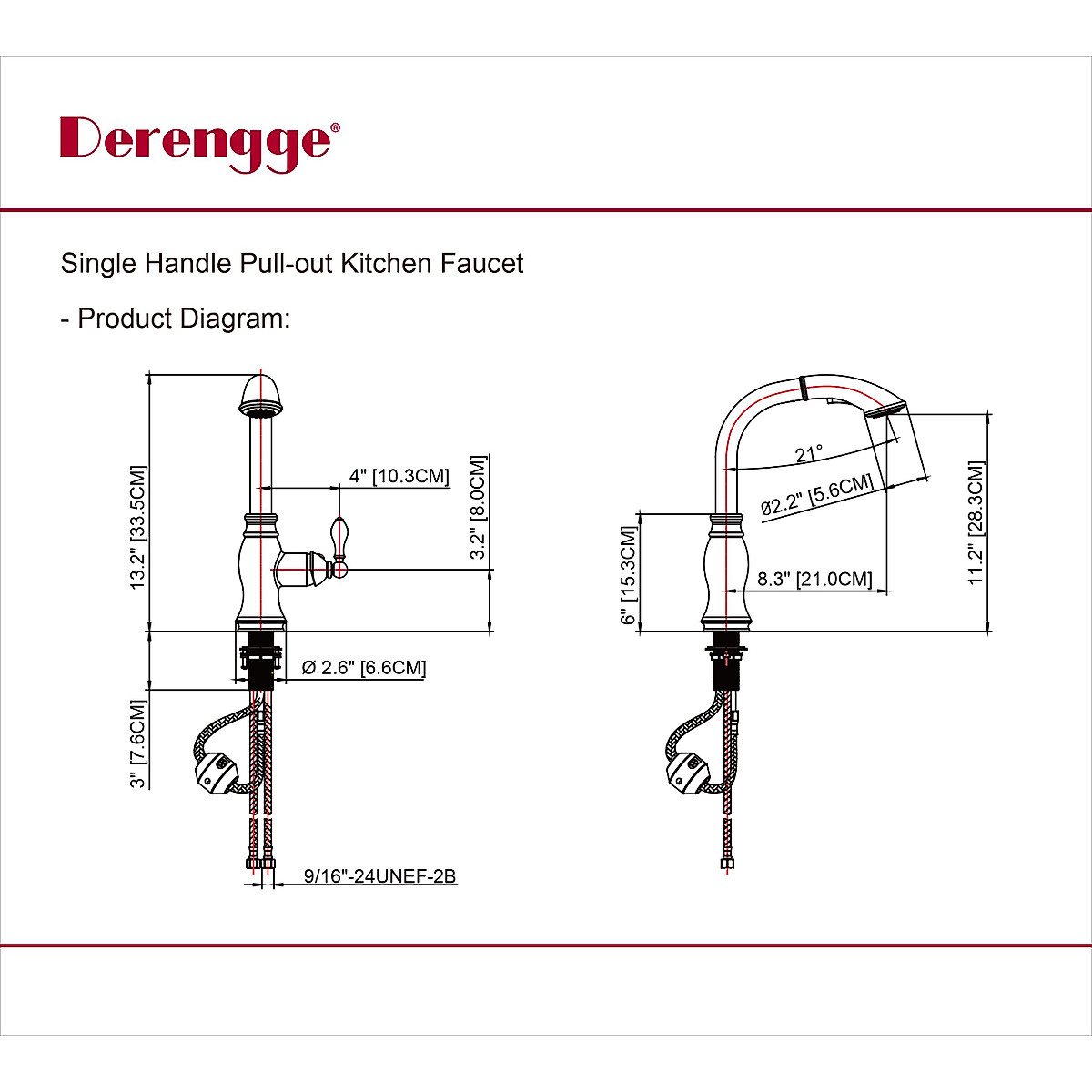 Derengge Single Handle Pullout Kitchen Faucet Without Deck Plate,1 Hole Installation, Meets cUPC NSF 61-9 AB1953, Matte Black Finished,KF-258G-MT