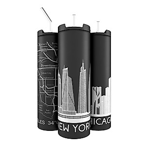 Vacuum Insulated Tumbler with Straw and Flip Lid Stainless Steel Water Bottle Iced Coffee Travel Mug Cup 15oz Gift Box Skyline Map (New York)