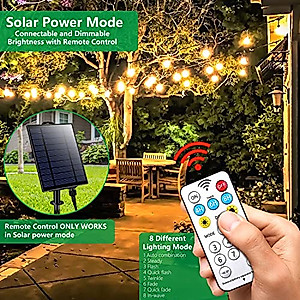 Kasonic Outdoor String Lights, 48 FT + 8 FT Extension Cord, 2 in 1, AC and Solar Powered, 15 Hanging Dimmable Shatterproof Bulbs(+2 Spare Bulbs), Decorative LED Patio Lights