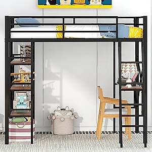 Metal Loft Bed Twin Size, Twin Loft Bed with Desk and 3-Tier Storage Shelves, Twin Loft Bed with Ladder and Full-Length Guardrail, Twin Size Loft Bed for Kids, Teens, Adults, Black Loft Bed with Desk