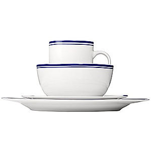 Amazon Basics 16-Piece Cafe Stripe Kitchen Dinnerware Set, Plates, Bowls, Mugs, Service for 4, Blue