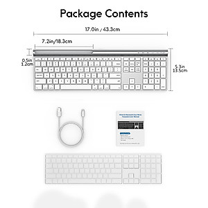 CHESONA Wireless Bluetooth Keyboard, Bluetooth/Wired Dual-Mode Keyboard for MacBook Air/Pro/iMac, Ultra-Slim Rechargeable, Silent Full-Size Keyboard for MacOS/iPadOS/iPhone OS,Silver White