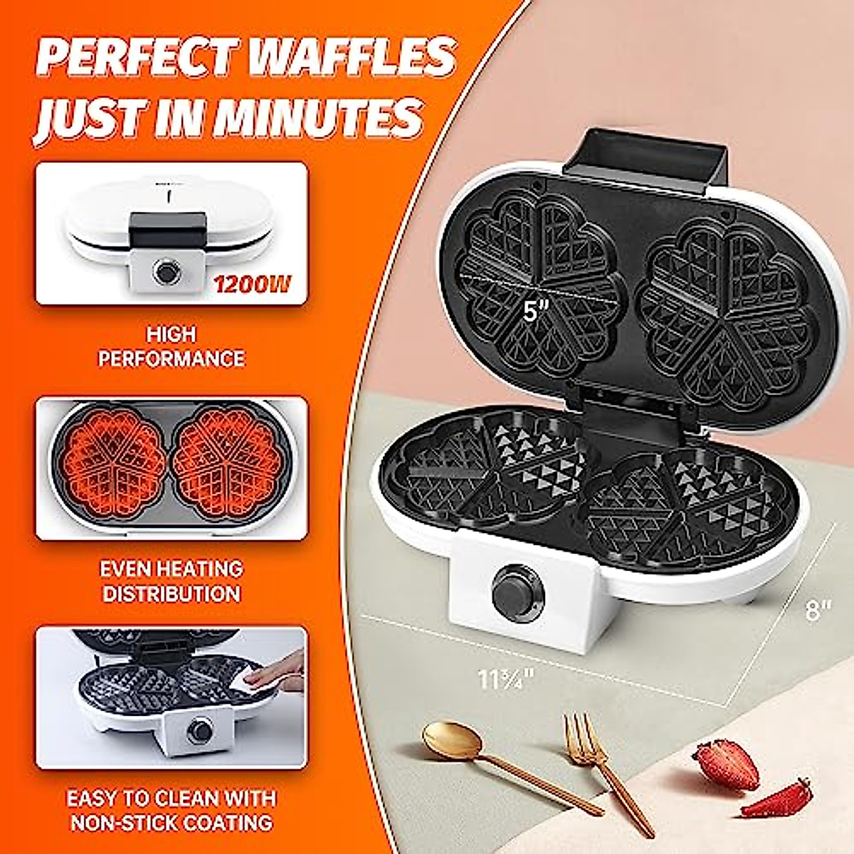 FineMade Double Heart Shaped Waffle Maker, Mini Heart Waffle Maker Iron with Non Stick Surface and Temperature Control