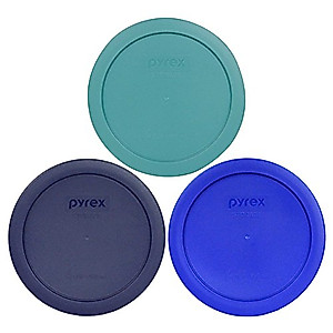 Pyrex 7201-PC 4 Cup (1) Turquoise, (1) Cobalt Blue, & (1) Dark Blue Round Plastic Storage Lids, Made in USA