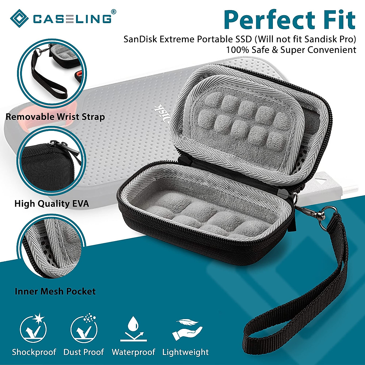 Caseling Hard Case fits SanDisk 250GB/500GB/1TB/2TB/4TB Extreme Portable SSD Carrying Travel Bag (Will not fit Sandisk Pro)