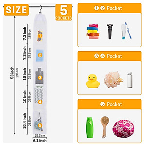 5 Pockets Mesh Storage Shower Caddy Hanging Mesh Shower Pockets with Rotating Hanger 57 x 6 in Space Saving Bathroom Organizer Hanging Storage Bag for Travel RV Camper Cruise Ship Essentials (White)