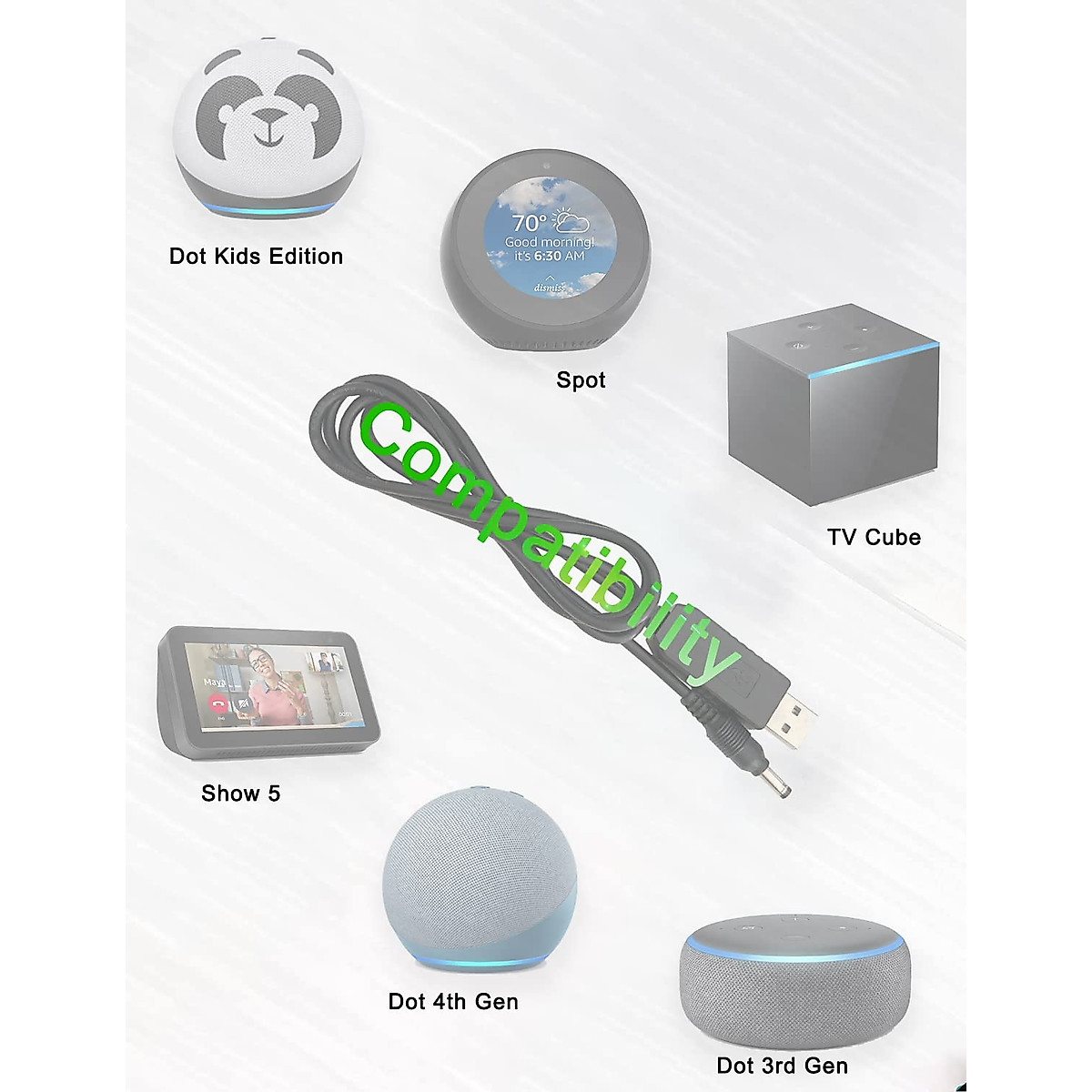 PDEEY USB Charger Cord Replacement for Alexa Echo Dot 3rd Gen, Dot 5th Generation, Dot 4th Gen Charger,(NOT for Echo 4th Gen) - 5V to 12V Set Up Charging Cable 3 FT