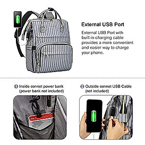 LOVEVOOK Backpack Women Laptop Bag Plait Laptop Backpack Computer Bag Work Bag Backpack Purse with USB Charging Port and Luggage Strap,All Stripe Grey