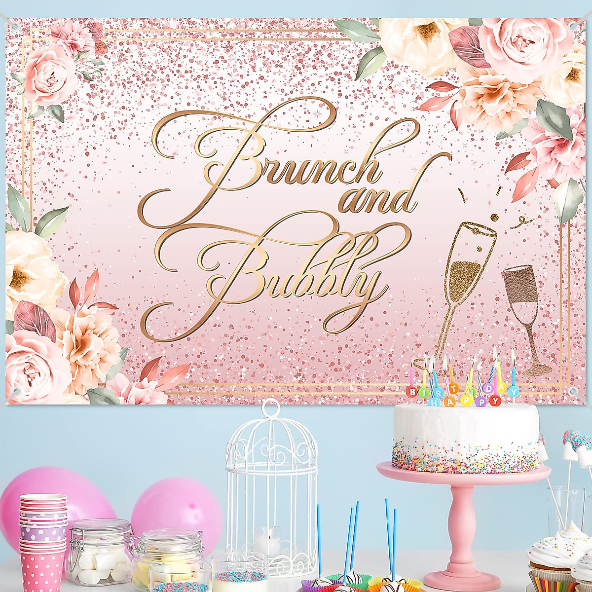 Brunch and Bubbly Bridal Shower Decorations Backdrop Banner Rose Gold Champagne Background for Wedding Bridal Shower Party Decor Supplies Pink