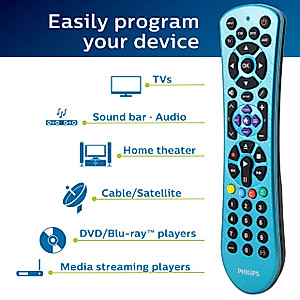 Philips Universal Remote Control, Universal TV Remote Replacement, Samsung TV Remote Control Universal, for Roku Remote Replacement, Vizio, LG, Sony, Apple TV, Smart TVs, 4 Device, Blue, SRP4229B/27