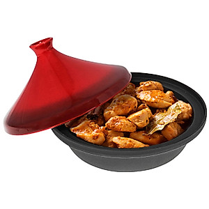 Potted Pans 3.3 QT Enameled Cast Iron and Ceramic Tajine Cooking Pot - Moroccan Tagine Pot Stovetop Tandoori Oven