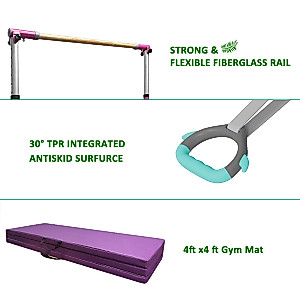 JOYSFIT Adjustable Gymnastics Bar for Kids with Mat - Sturdy Kip Bar with Rings, Horizontal Bar for Home Training, 3'-5' Height, Ages 3-15, 250 LBS Capacity, Easy Assembly. (Bar with Mat, Purple)