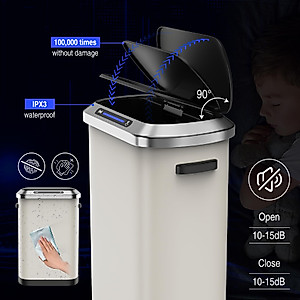 pouseayar 13 Gallon Smart Automatic Trash Can with Lid, Stainless Steel Thickened Body & Super Mute Sensor Lid with 30 Count Garbage Bags for Kitchen Office Bedroom Waste Bin and More - White