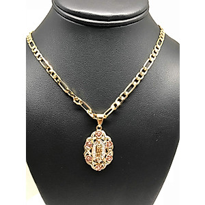 Tri-Color Virgin Mary Flower Pendant Necklace 26" Virgen de Guadalupe Medalla Tres Colores Con Flores
