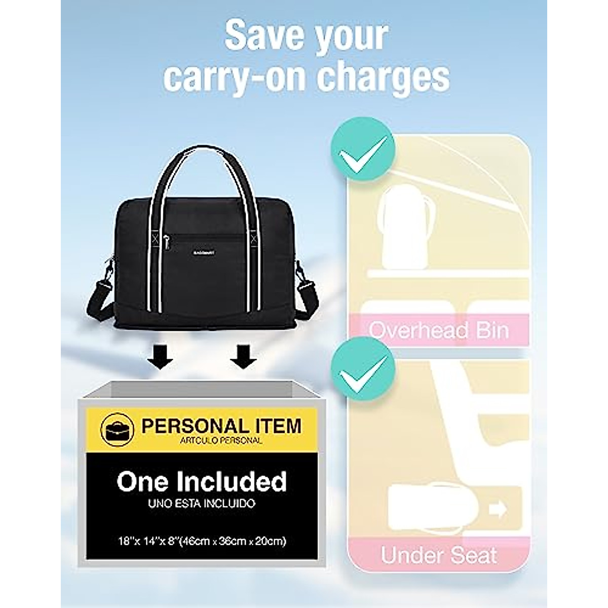 For Spirit Airlines Personal Item Bag 18x14x8 BAGSMART Foldable Travel Duffel Bag Tote Weekend Overnight Bag Carry on Luggage for Women and Men(Black)