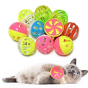 PETFAVORITES Cat Jingle Balls Toys 10Pcs 6 Styles for Indoor Cats - Plastic Lattice Cat Balls with Bells Kitten Rattle Toy, Gift Box and 1.5"