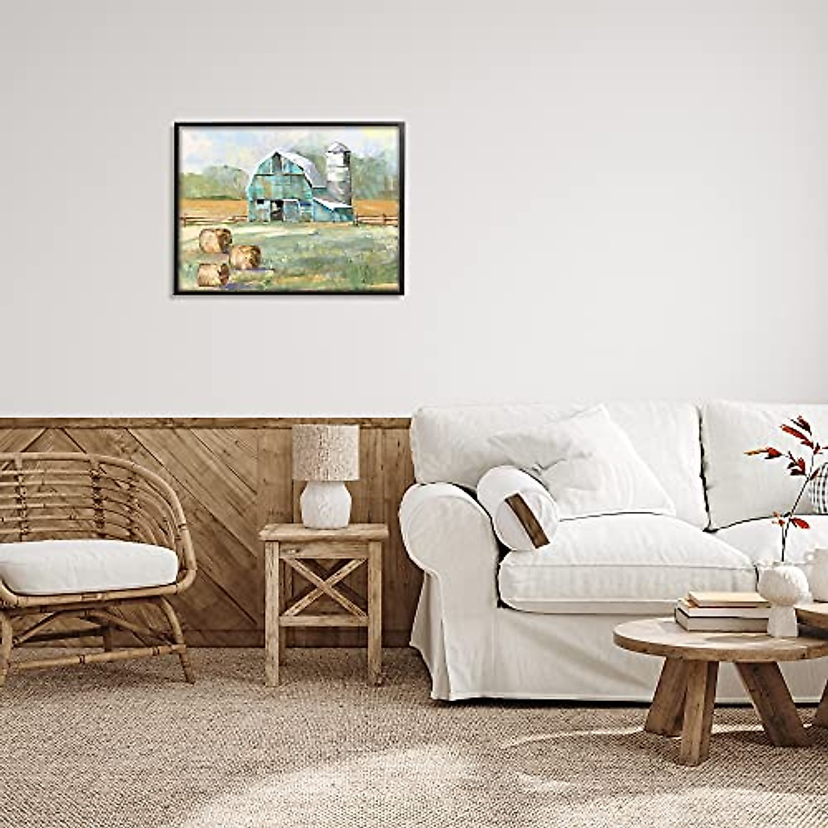 Stupell Industries Contemporary Blue Farm Barn Hay Bails Empty Field, Designed by Sally Swatland Black Framed Wall Art, 30 x 24, Green