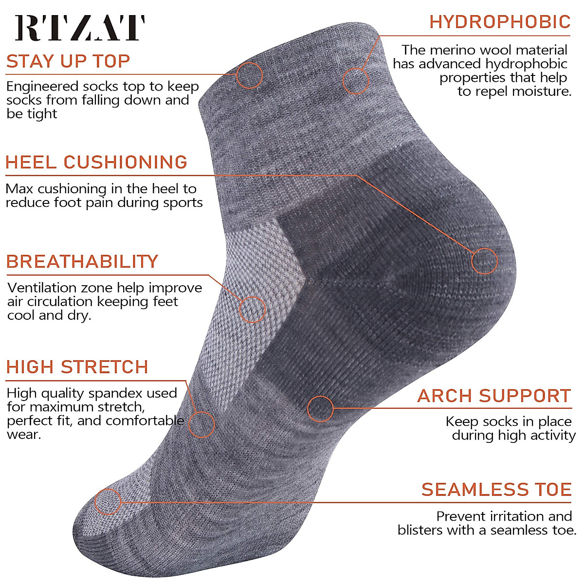 RTZAT 90% Merino Wool Ankle Men's Women's Athletic Business Casual Running Moisture Wicking Everyday Thin Wool Socks, Small, Ash Grey, 3 Pairs