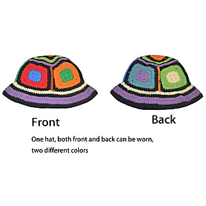 Women-Crochet-Hat-Knitted Floral Bucket-Hat-Handmade Plaid Fisherman-Hat-for-Women Fall-Spring-Winter-Summer Blue