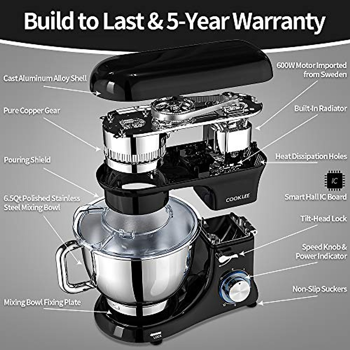 All-Metal COOKLEE Stand Mixer,6.5Qt Kitchen Electric Mixer with Dishwasher-Safe Dough Hooks, Flat Beaters, Whisk & Pouring Shield Attachments for Most Home Cooks, Bright Black