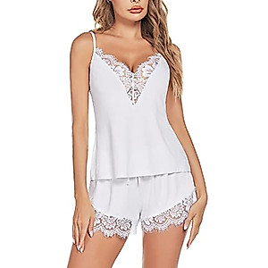 Avidlove Cami Pajama Set Sexy Lingerie Sleepwear Set Modal Lace Pj Short Sets for Women Summer Pjs (White,M)