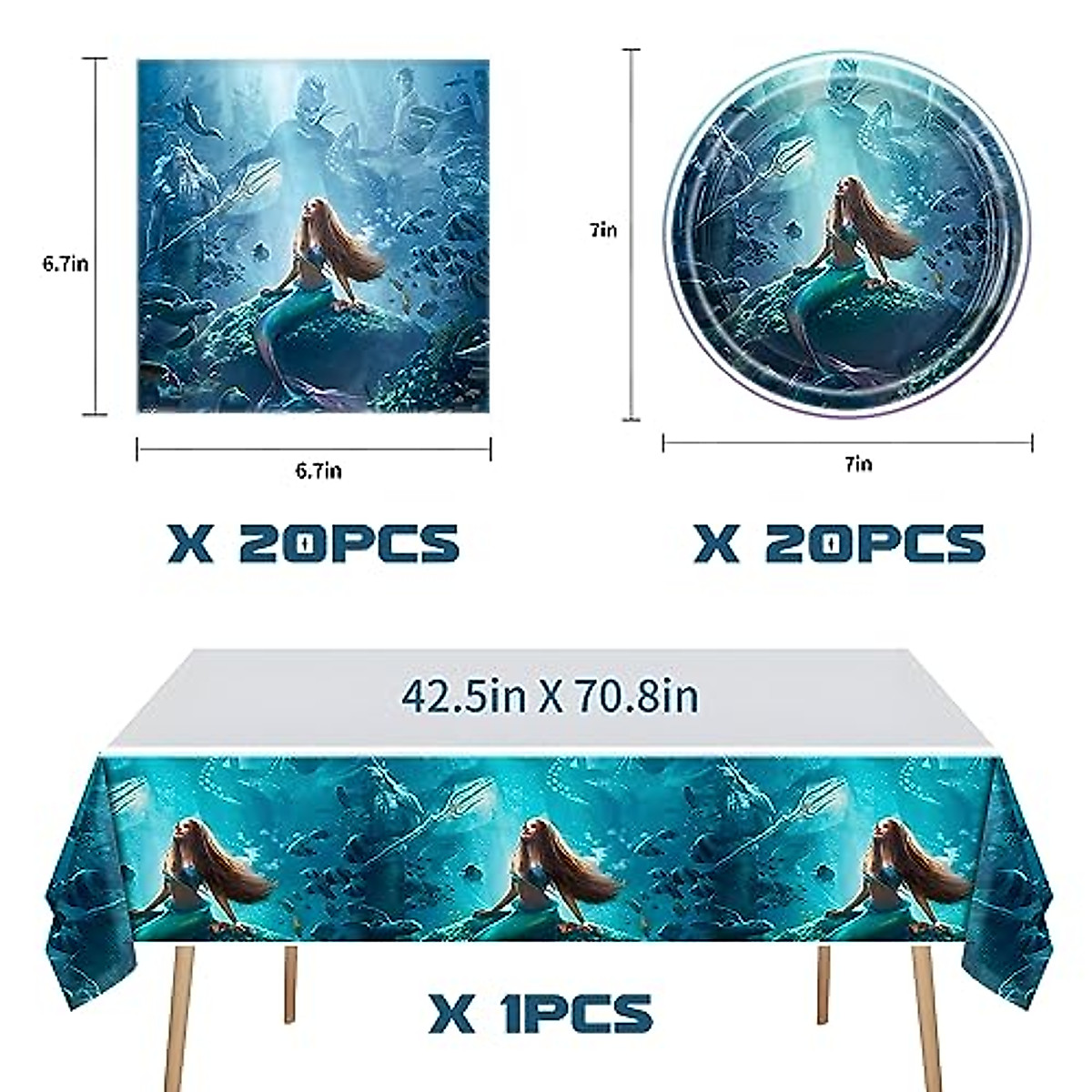 2023 Little Mermaid Party Decorations,Black Princess Mermaid Party Tableware Set Include 20Plate 20Napkins And 1 Tablecovers For Under The Sea Mermaid Movie Themed Birthday Party Decorate Supplies