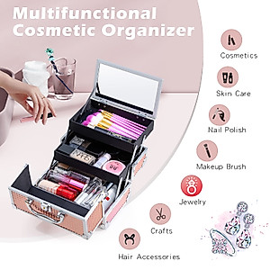 Joligrace Makeup Box Cosmetic Train Case Jewelry Organizer Lockable with Keys and Mirror 2-Tier Tray Portable Carrying with Handle Travel Storage Box