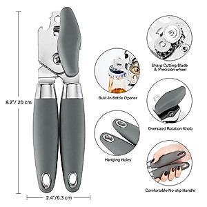 Can Opener Manual, TJ POP Can Opener, Heavy Duty Hand Held Can Openers, Stainless Steel Can Opener Smooth Edge, Easy Turn Knob, with Bottle Opener, Kitchen Gadgets Gray