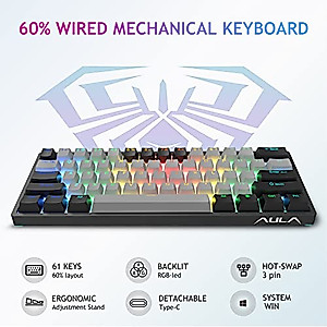 AULA RGB 60 Percent Wired Gaming Keyboard Mechanical, Mini Compact Hot Swappable Mechanical Gaming Keyboards with Brown Switches-Black&Grey