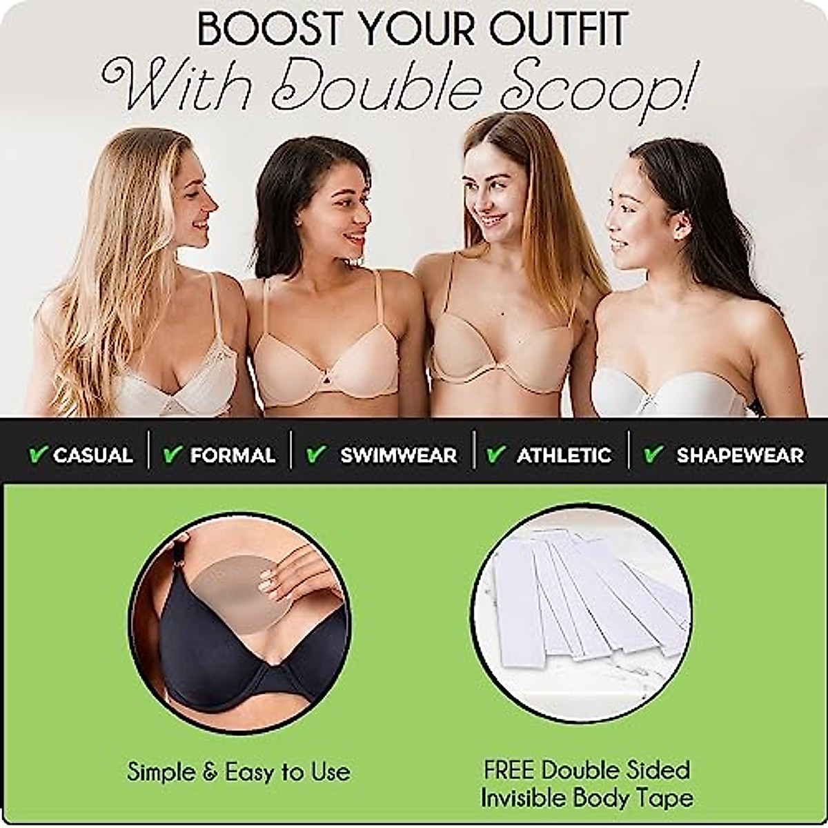 Double Scoop® Push Up Inserts w/Bonus Tape Sticky Strips, Instant Breast Implants, Replacement Bra Pads, Padded Bralette Hack, Breast Lift, Foam Bra Filler Insert, Bra Stuffer, Cup Size A/B (Nude)