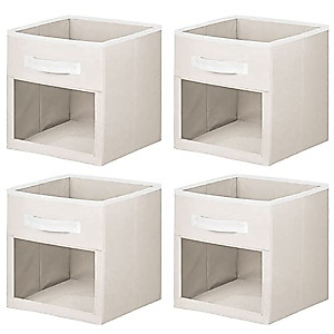 mDesign Fabric Nursery/Playroom Closet Storage Organizer Bin Box with Front Handle/Window for Cube Furniture Shelving Units, Hold Toys, Clothes, Diapers, Bibs, Jane Collection, 4 Pack - Cream/White
