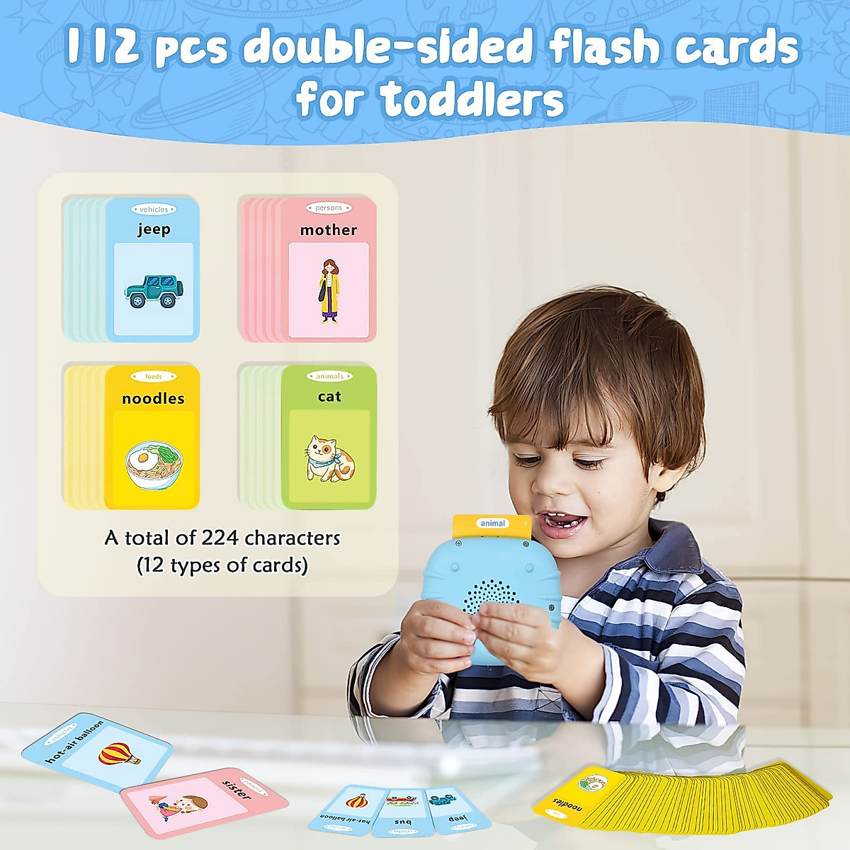 Talking Flash Cards Learning Toys for 2 3 4 5 Year Old Kids Toddler Flash Cards, Educational Toddlers Toys Reading Machine with 224 Words, Preschool Montessori Toys and Birthday Gift for Kids (Blue)