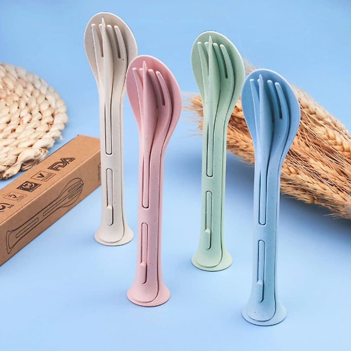 3pcs/set 3 in 1 Travel Portable Cutlery Set Japan Style Wheat Straw Knife Fork Spoon Student Dinnerware Sets Kitchen Tableware (Green)