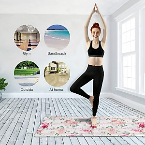 ALAZA Pink Rose Flowers Floral Striped Nonslip Yoga Mat Towel with Grip Dots for Women Men