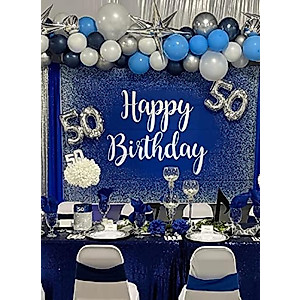 Royal Blue Happy Birthday Backdrop Adults Mans Boys Bday Party Banner Silver Glitter Spots Photography Background Table Wall Decorations Photo Shoot Booth Studio Props