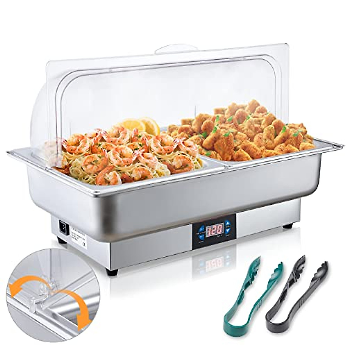 Electric Chafing Dish 9 QT Adjustable 0°C~100°C Roll Top Half Size Auto ShutOff Stainless Steel Buffet Servers and Warmers, Temp Display Programmable Food Warmer Transparent Lid Chafers for Catering
