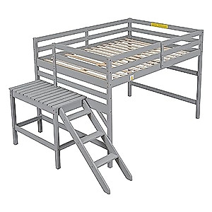 WOXYX Wood Full Size Loft Bed with Platform and Ladder for Kids,Space Saving Low Loft-Bed for Girls Boys,Gray