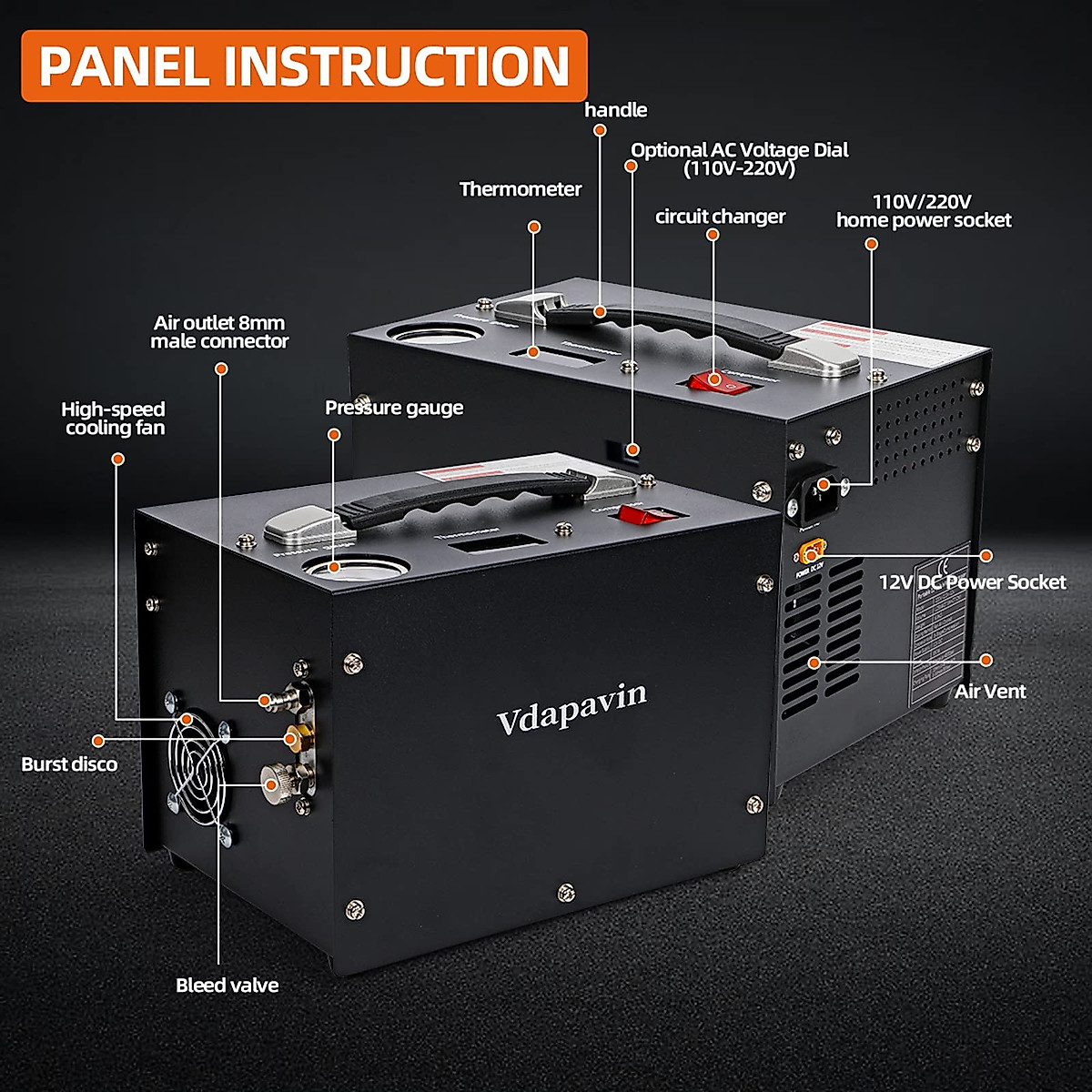 PCP Air Compressor,Built-in Power Converter,Oil/Water-Free, 4500Psi/30Mpa, 12V DC or Home 110V AC, for Paintball/PCP Air Rifle/Tank