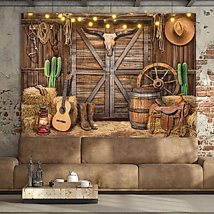 Humkat Western Cowboy Backdrop Banner, 7X5FT Wild West Rustic Wooden Barn House Photography Background for Western Party Decoration, Rodeo Backdrop for Kid Birthday Party, Reusable and Washable