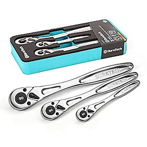 DURATECH 3-Piece Heavy Duty Ratchet Set, 1/4”, 3/8”, 1/2” Drive Ratchet Handle, Professional Ratchet Set, 90-Tooth, Quick-release Reversible, Premium Chrome Alloy Made, with EVA Organizer