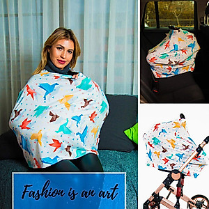 Nursing Breastfeeding Cover Scarf - Baby Car Seat Canopy - Gift - Shopping Cart, Stroller, Car Seat Cover for Girls and Boys - Best Multi-Use Infinity Stretchy Shawl - Origami